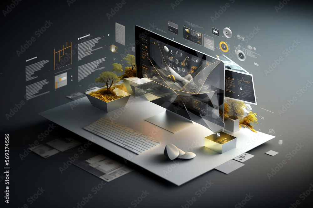 Ai Computer with business graph and analytics data on isometric ...