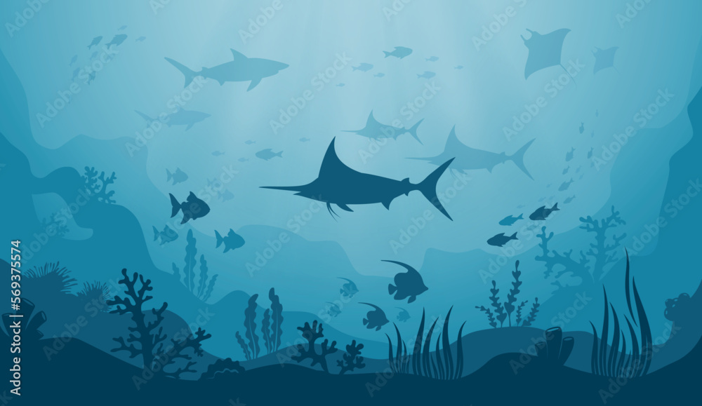 Underwater landscape of the seabed. Silhouettes of marine fish, coral ...