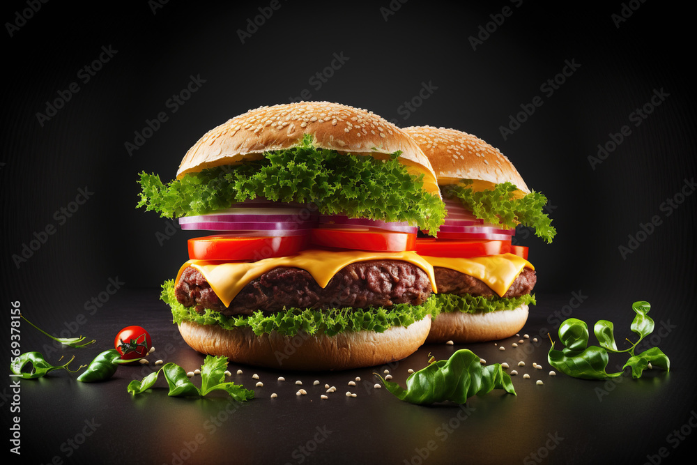 creating a double burger procedure. Two beef burgers and a black burger ...