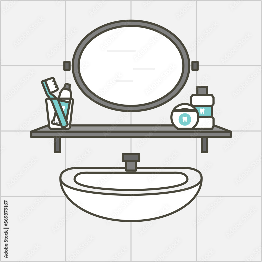 mirror, sink and shelf with toothbrush, toothpaste, floss and mouthwash ...