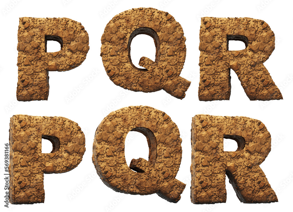 ภาพประกอบสต็อก Letters: p, q, r, Sand alphabet in 3D render. Isolated ...