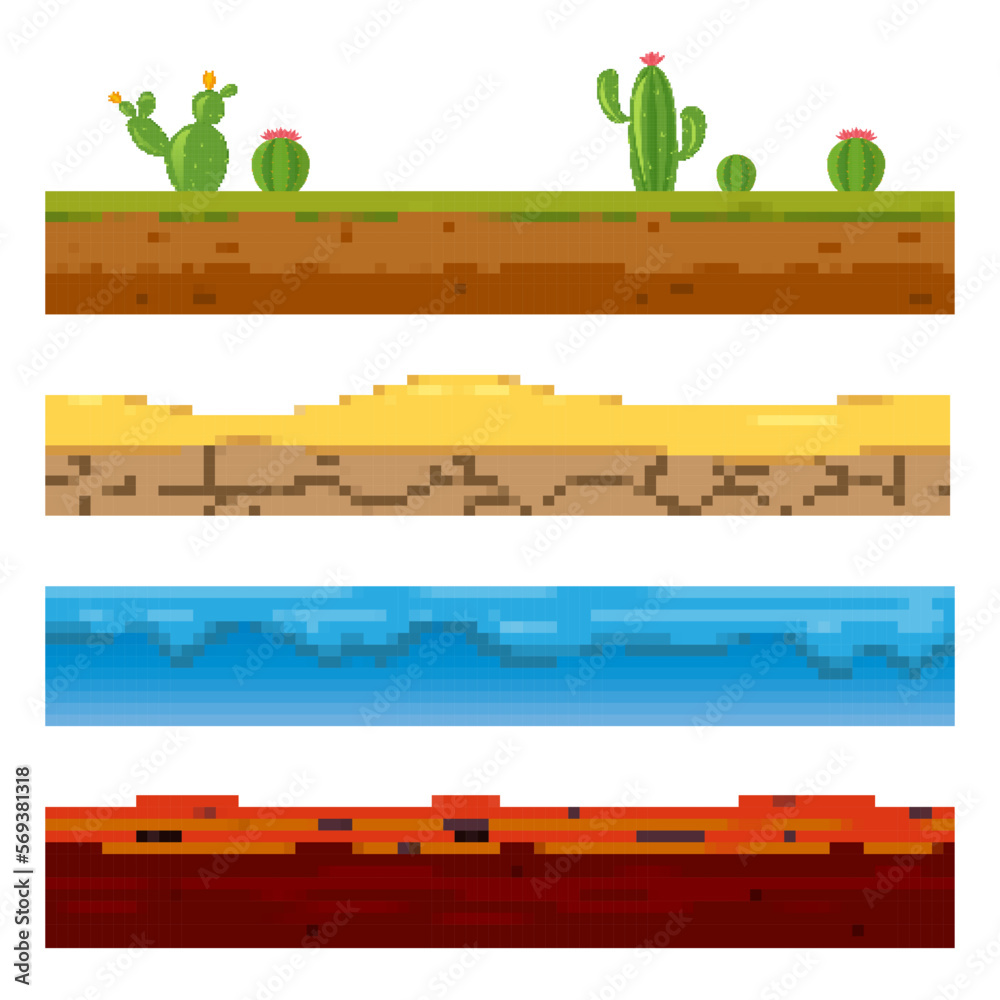 Vetor de Pixel art. Playing environment: landscape. Ground, soil, water ...
