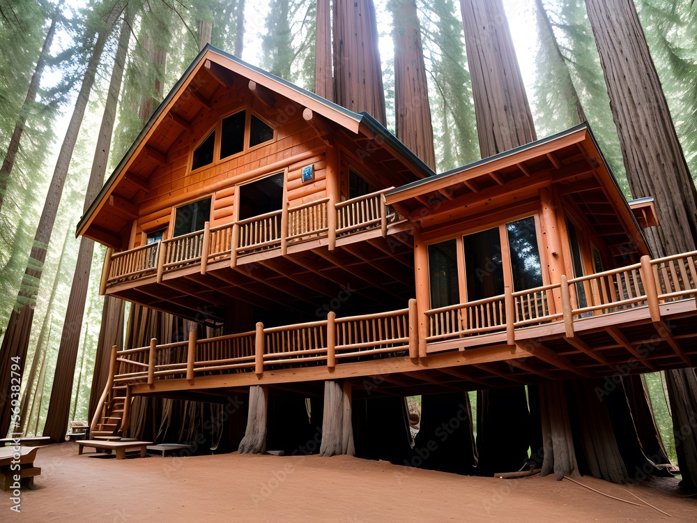 A tree house built into the trunk of a giant redwood tree created with ...