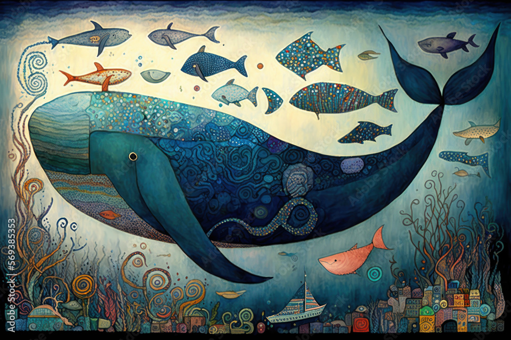 Colorful blue whale illustration on ocean background with fish a ...