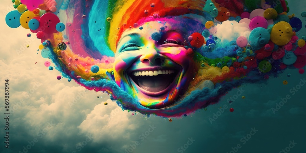 Human face smiling over dark clouds with colorful rainbow. Optimistic ...