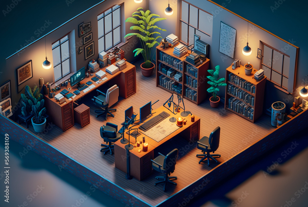 isometric view of an office cubicle with plants and bookshelfes for a ...