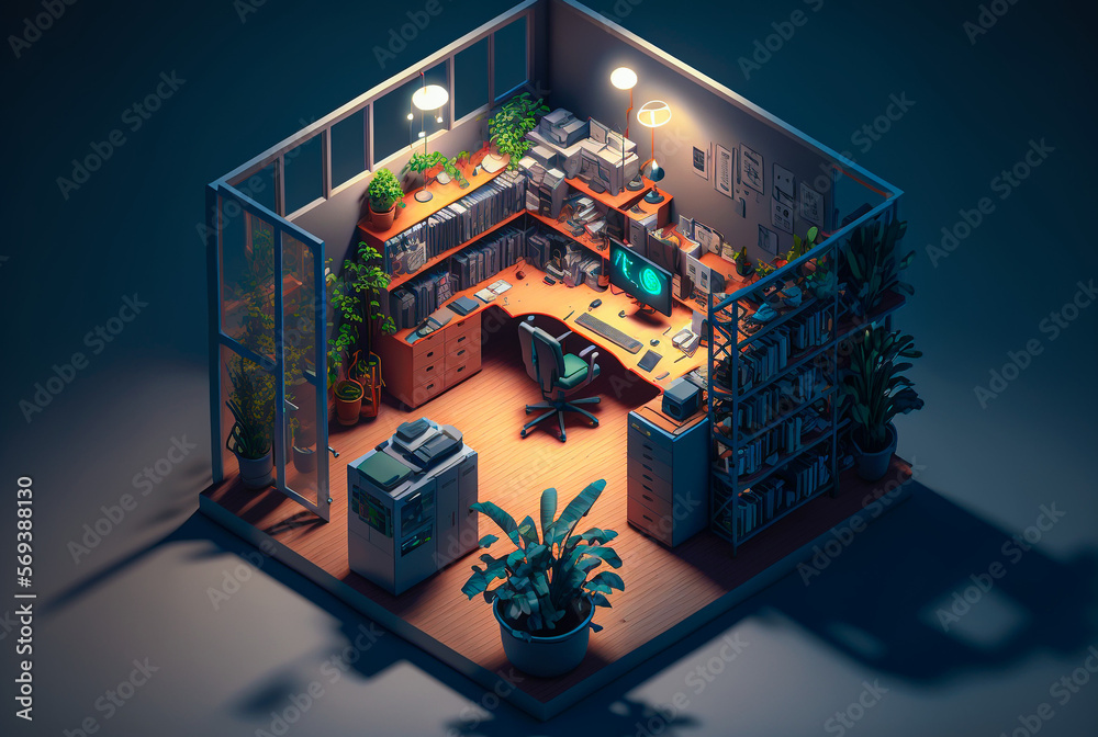 isometric view of a small and tidy office cabinet cubicle with plants ...