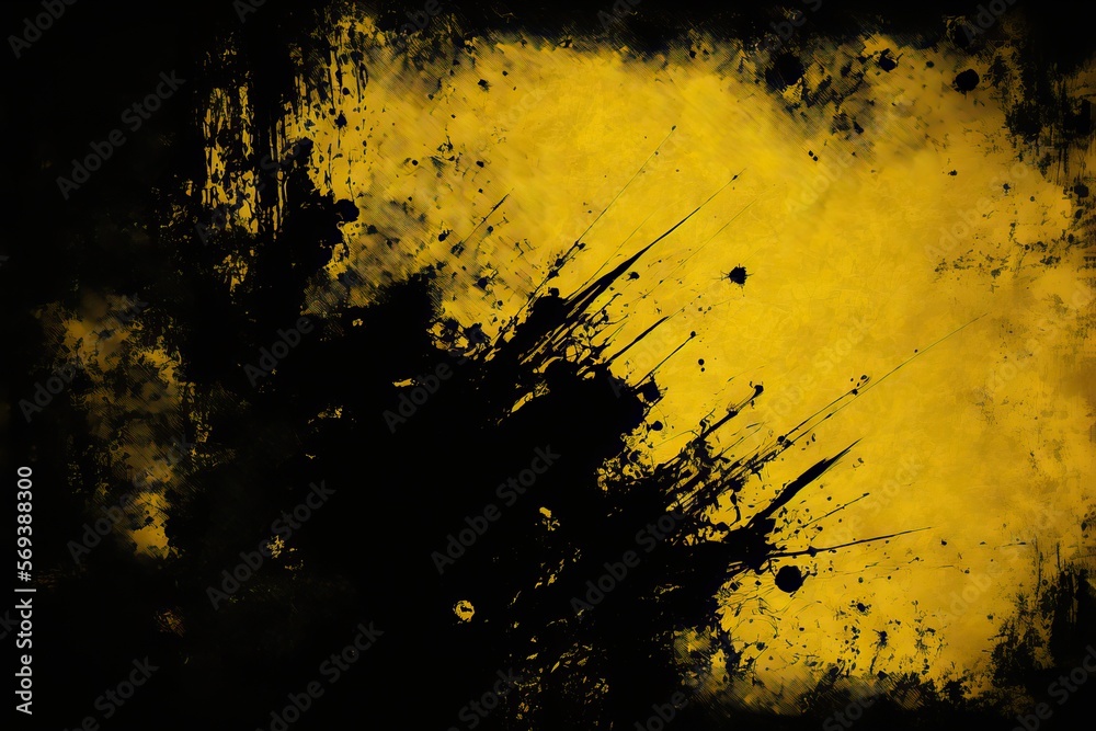 distressed yellow and black background with large splatters, generative ...