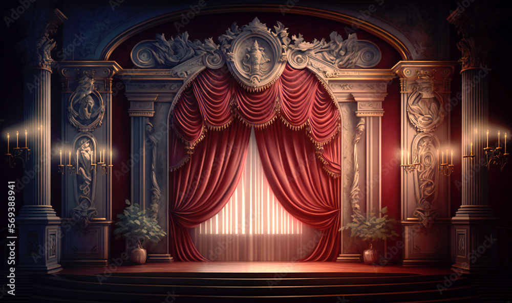 A magical theater stage, draped in regal red curtains, and illuminated ...