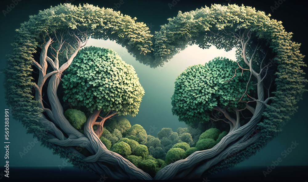 A romantic and whimsical view of trees intertwined to form the shape of ...