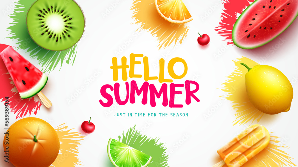 Hello summer vector design. Hello summer text with watermelon, orange, kiwi and lime slice ...