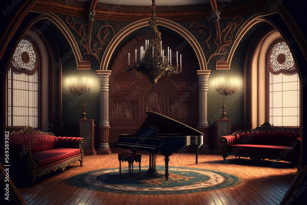 Illustration of a castle or palace interior with a sofa and a little ...