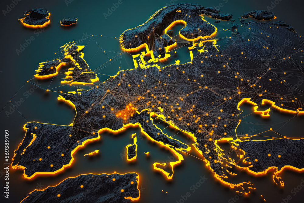 europe network map with connected server nodes and a dark theme ...