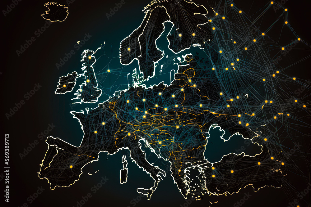 europe network map with connected server nodes and a dark theme ...