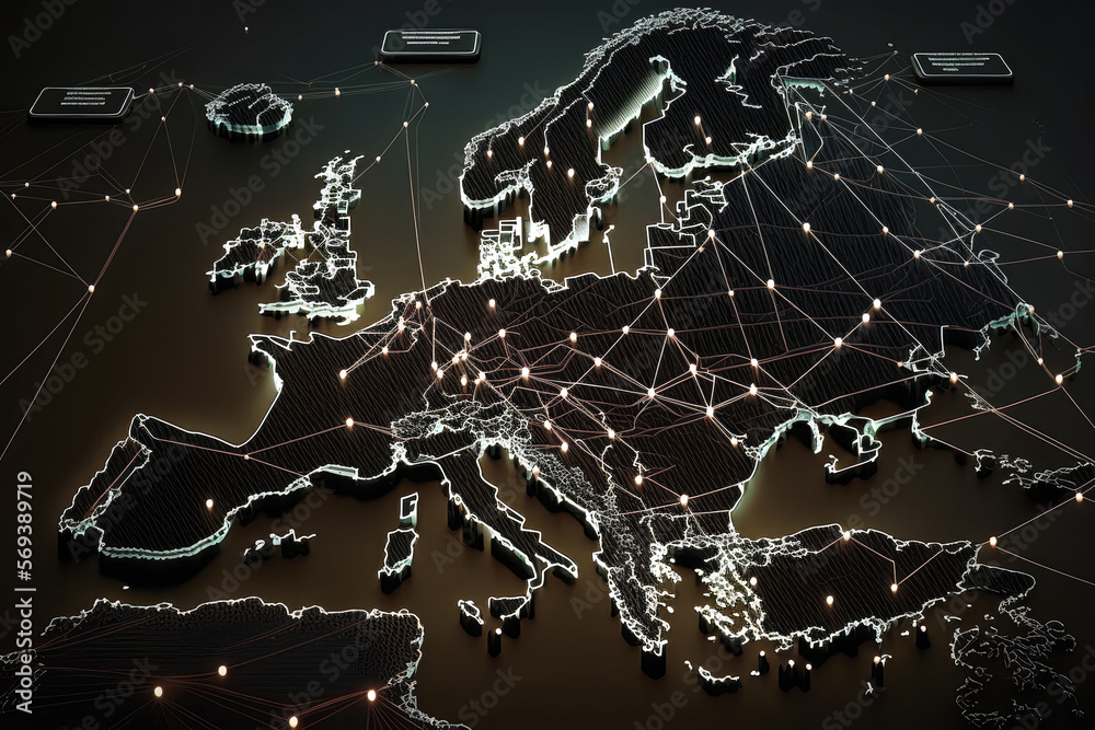 europe network map with connected server nodes and a dark theme ...