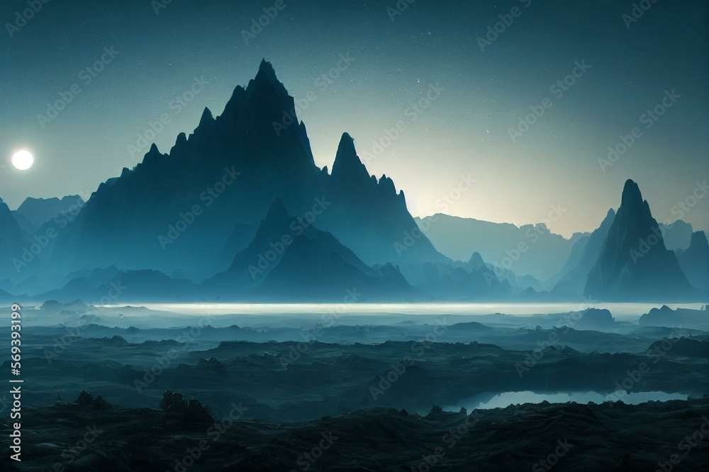 Landscape scene on a distant alien world with water, strange moon ...