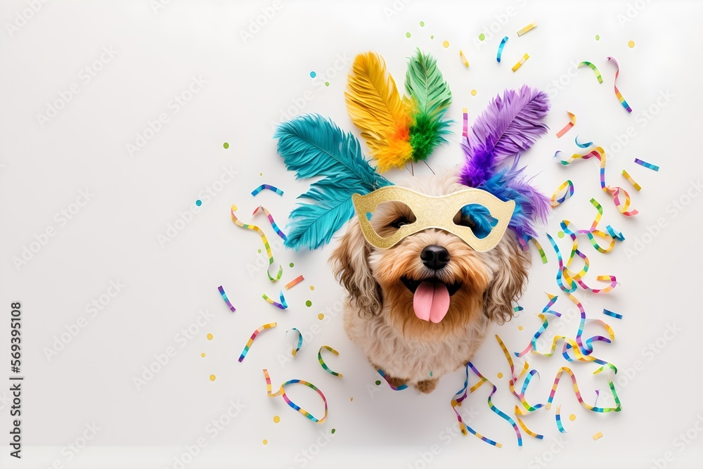 Cute dog celebrating birthday and carnival with mask, confetti and ...