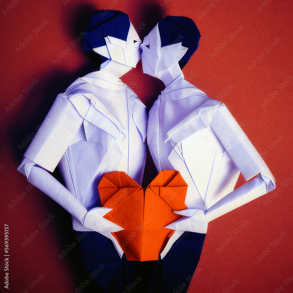 two origami men kissing holding a red paper heart on a red background ...