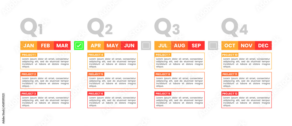 Vetor de 4 quarter timeline project progress infographic template ...