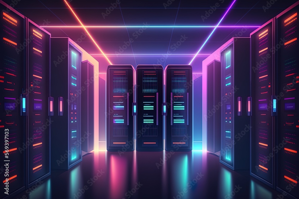 Generative AI data center room with mainframe storage servers, cloud network concept, hosting ...
