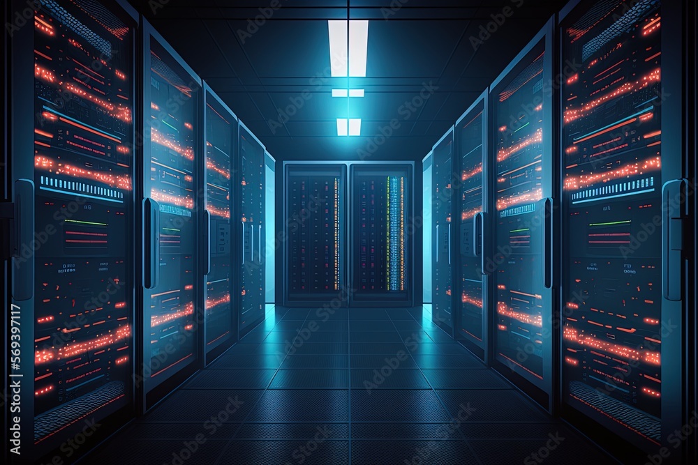 Generative AI data center room with mainframe storage servers, cloud ...