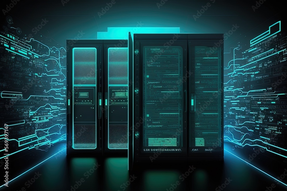 Generative AI data center room with mainframe storage servers, cloud network concept, hosting ...