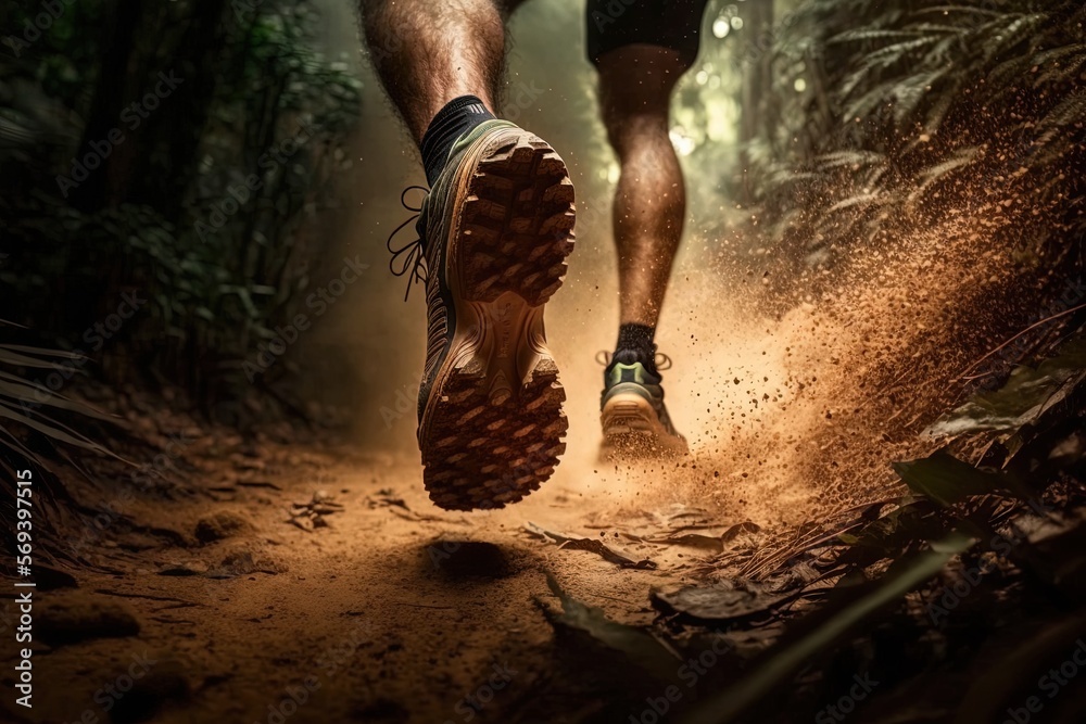 Close-up at the runner feet is running on the dirt route at the jungle ...