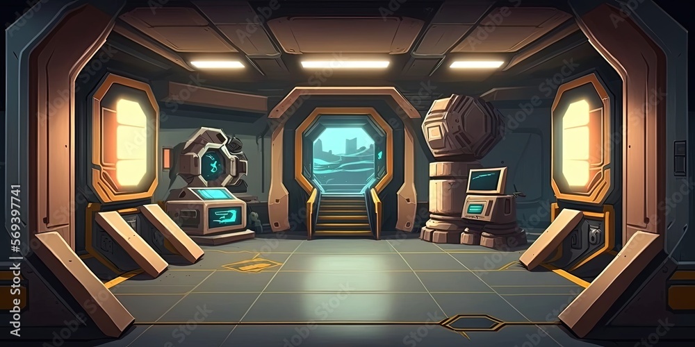Sci-fi spaceship interior, 2D game background, game scene digital ...