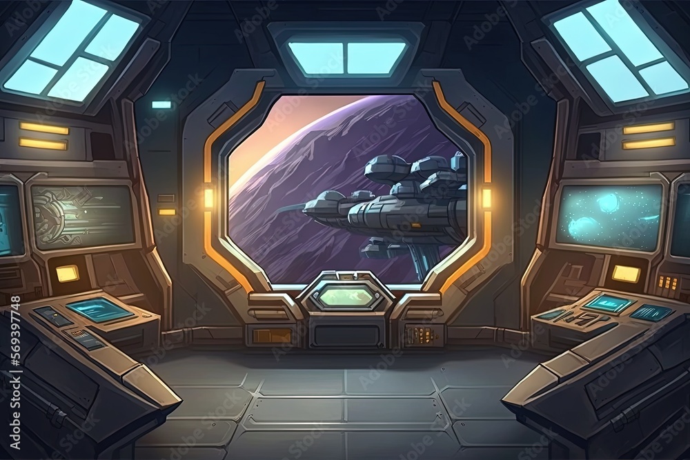 Sci-fi spaceship interior, 2D game background, game scene digital ...