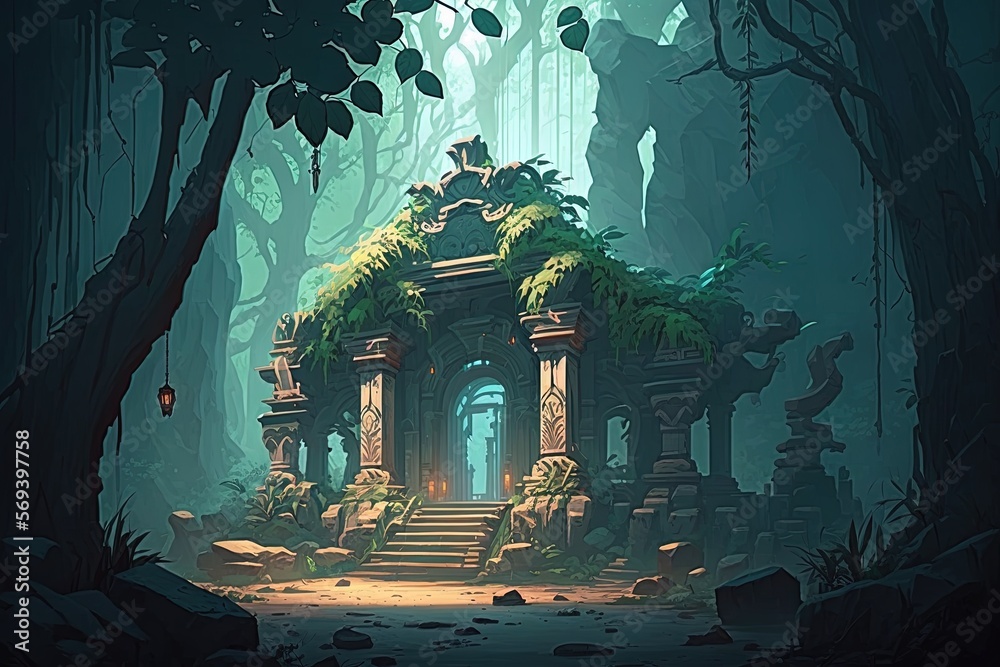 Ancient temple in the forest. 2D game background. Digital illustration ...