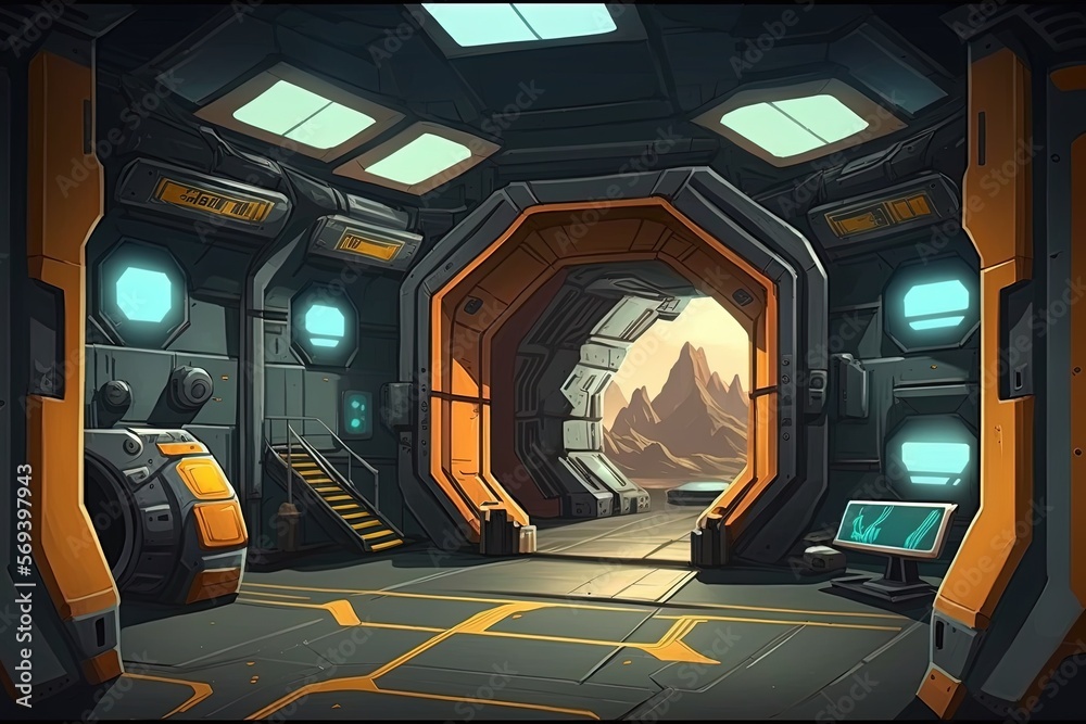 Sci-fi spaceship interior, 2D game background, game scene digital ...