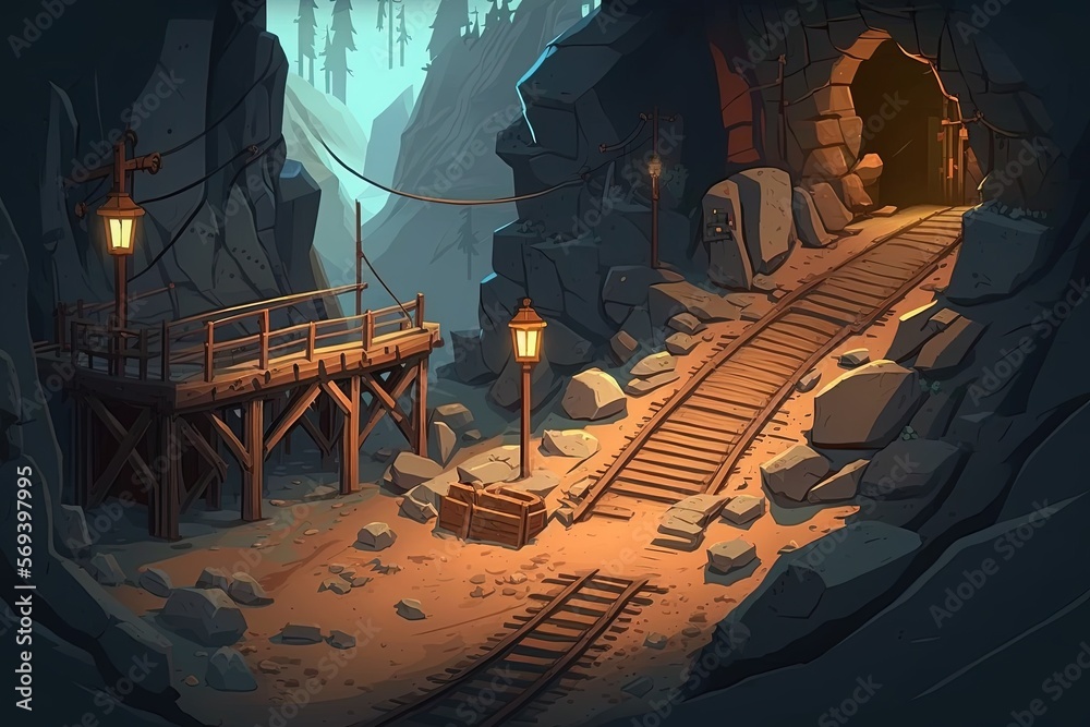 Underground mine with wooden structure and rails. 2D game background ...