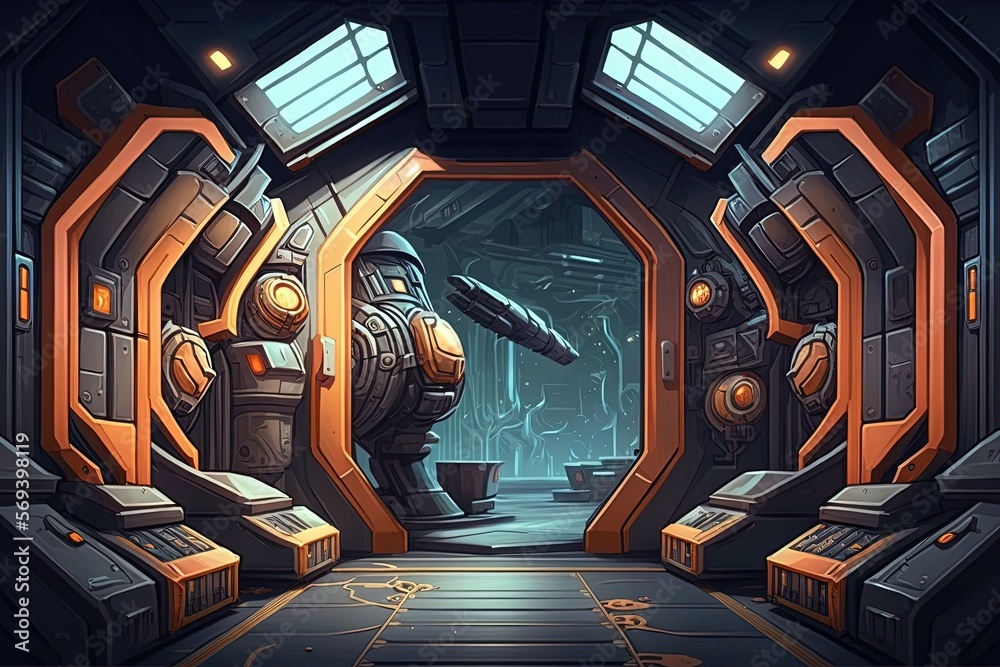 Sci-fi spaceship interior, 2D game background, game scene digital ...