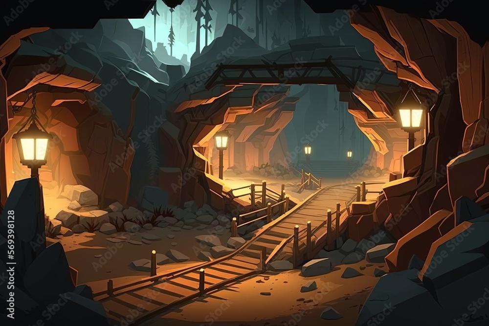 Underground mine with wooden structure and rails. 2D game background ...