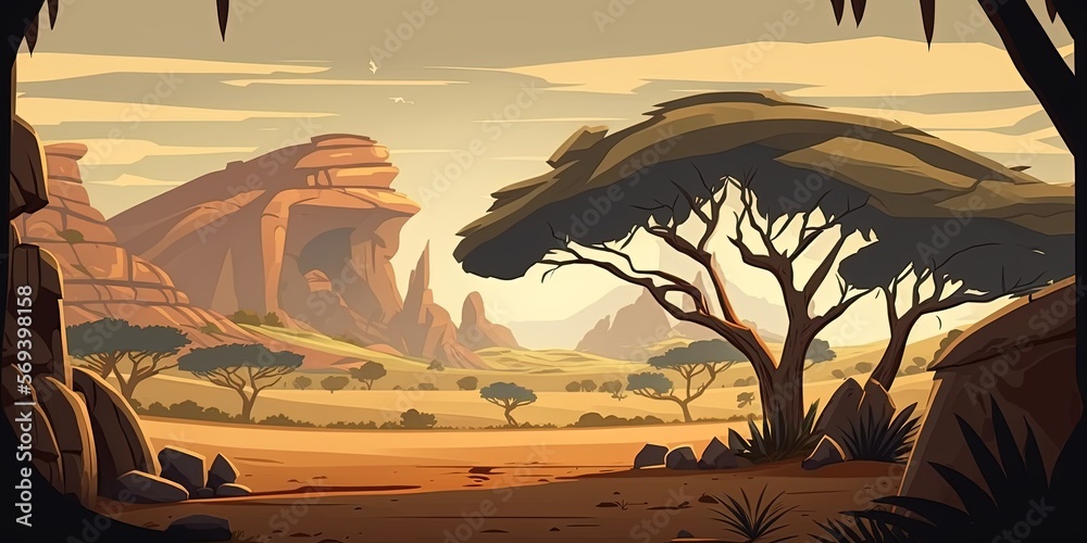 African savanna. 2D game background. Digital illustration of scenery ...