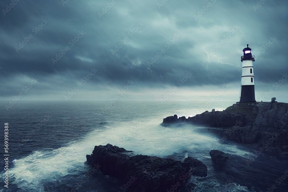 An old sailing ship in the mist sails towards the rocks with amazing ...