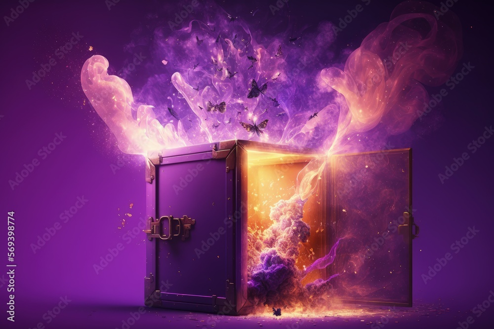 Pandora's box, purple magic coming out of fantasy box, Digital ...
