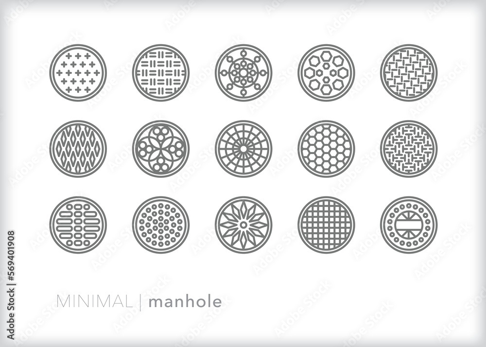 Set of manhole line icons of metal covers for street and drainage ...