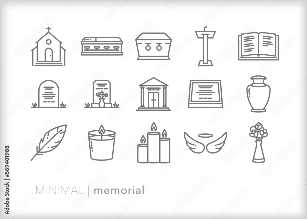 Set of memorial line icons of items for a funeral or service to ...