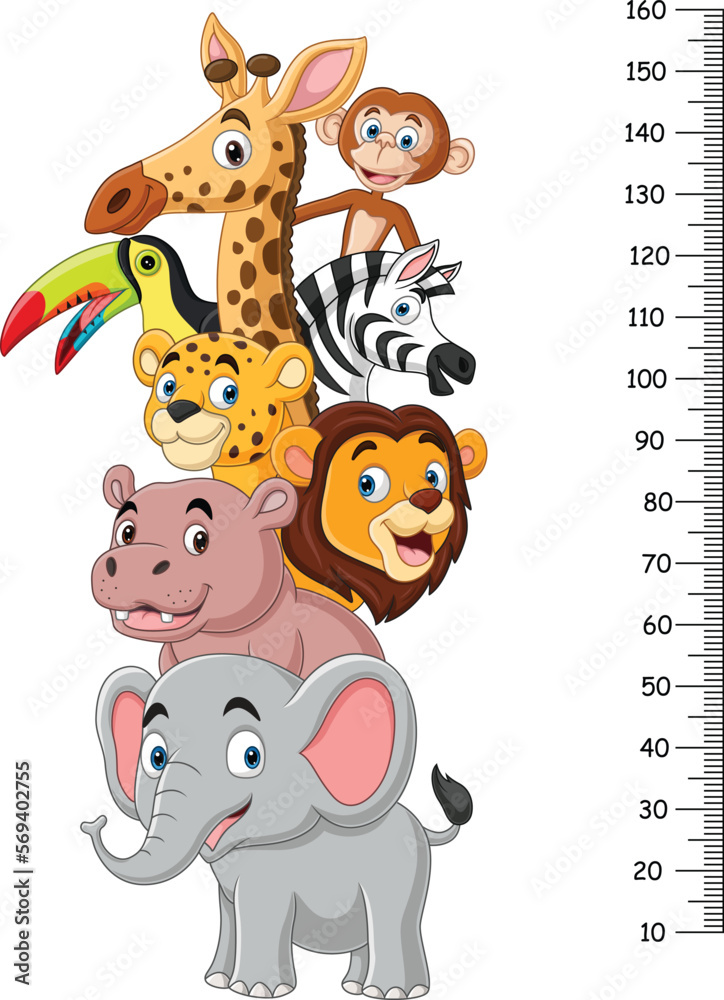 Cartoon zoo animals with meter wall Stock Vector | Adobe Stock