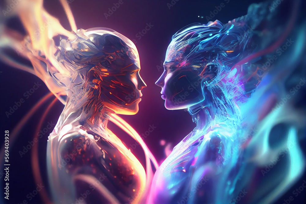 Man and woman silhouettes at abstract cosmic background. Human souls ...