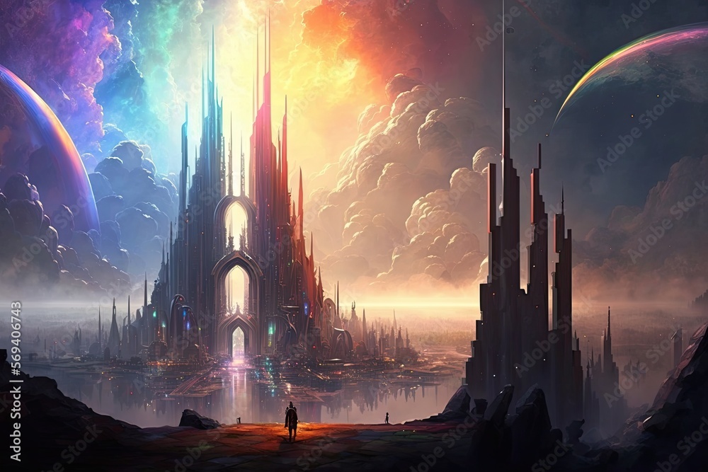 A city floating in the clouds, with towering spires and bridges in ...