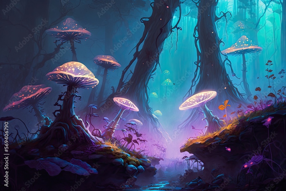 A dense, mist-shrouded forest, the ground alive with colorful, glowing ...