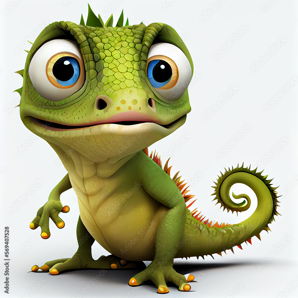 Cute cartoon lizard character. 3D animation on white background Stock ...