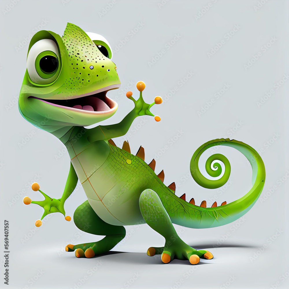 Cute cartoon lizard character. 3D animation on white background Stock ...