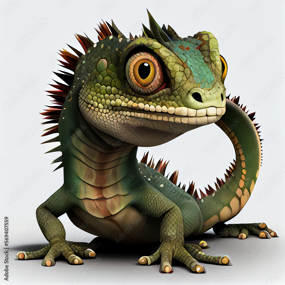 Cute cartoon lizard character. 3D animation on white background Stock ...