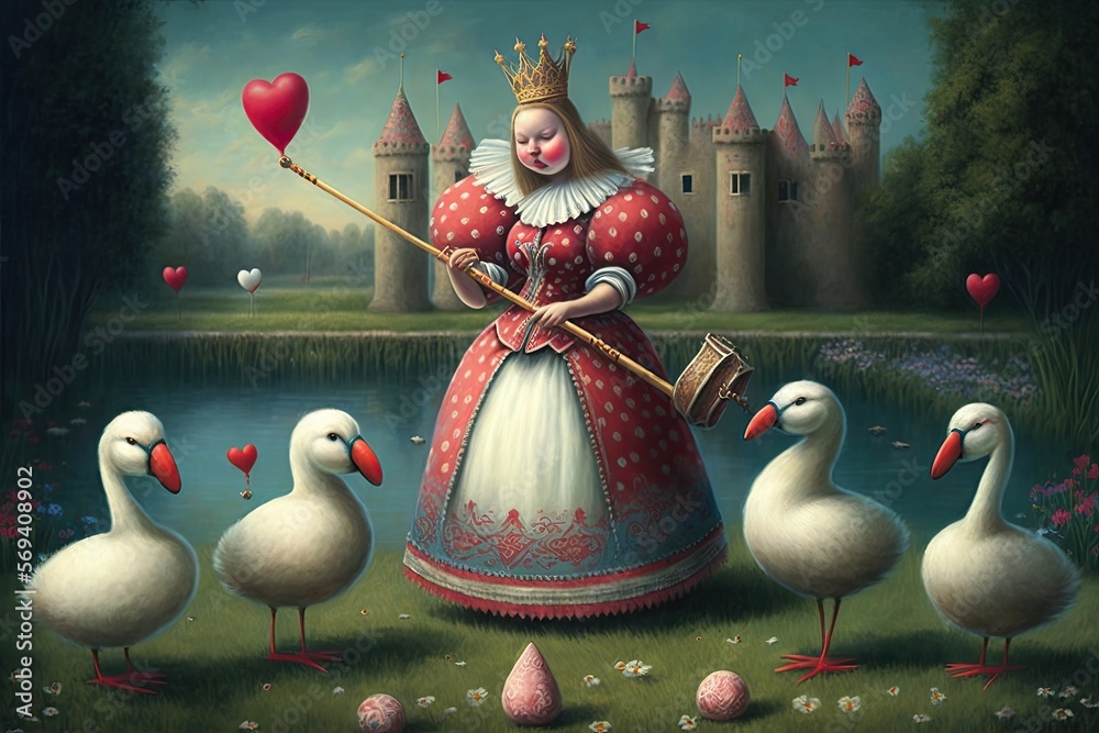 The Queen of Hearts playing croquet, with flamingos as mallets and ...