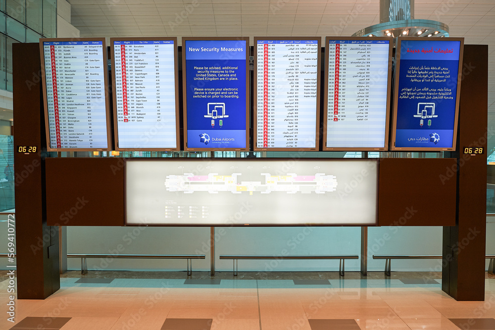 DUBAI, UAE - CIRCA JULY, 2015: flight information display system at ...