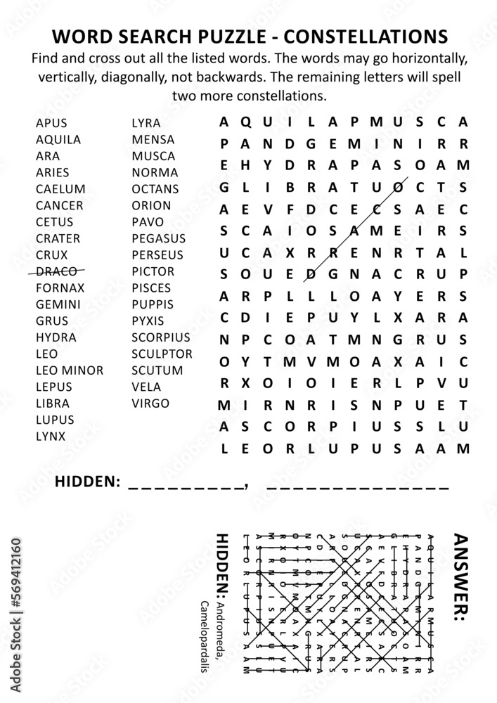 Constellations word search puzzle (suitable both for kids and adults ...