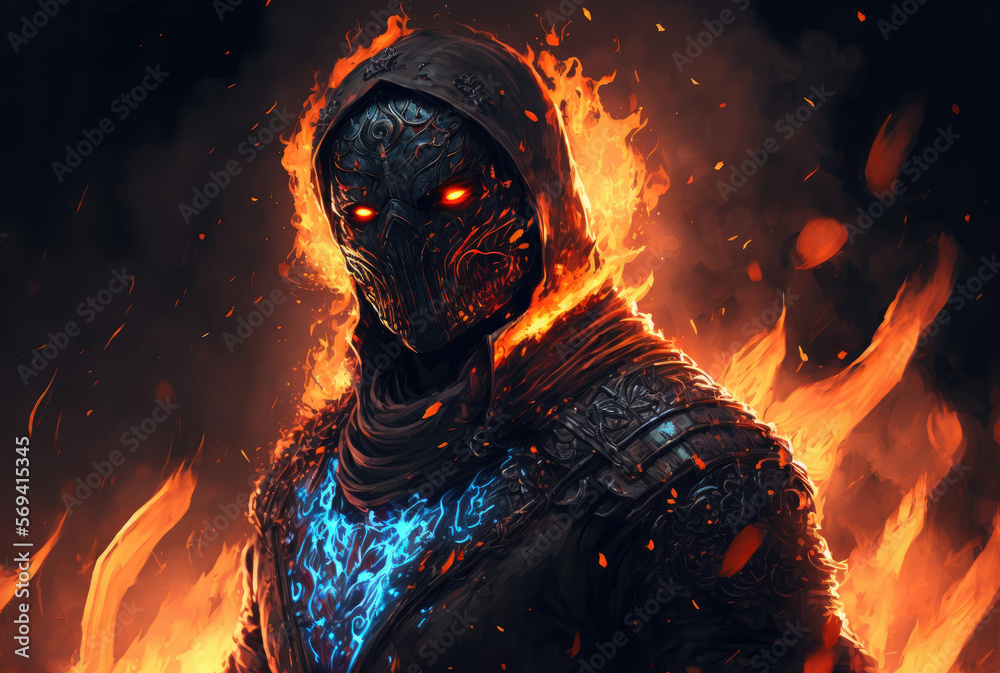 flaming evil knight with glowing red eyes, digital art style Stock ...